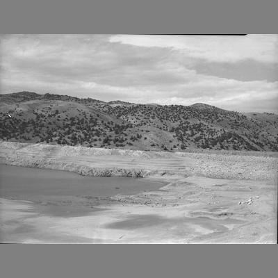 Ruby Dam drained for repair, Madison County, Montana, 1955.