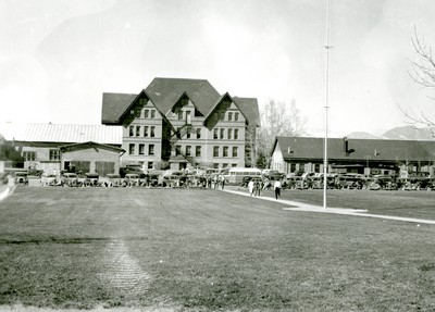 View of the south side of Montana Hall with cars parked, 1939, MSU ...