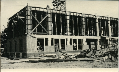Brick work during the construction of Roberts Hall, 1922