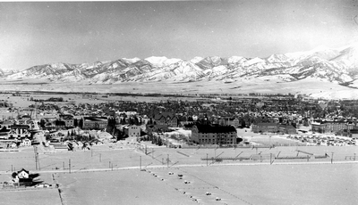 Aerial view of Montana State University in the snow, taken from the ...