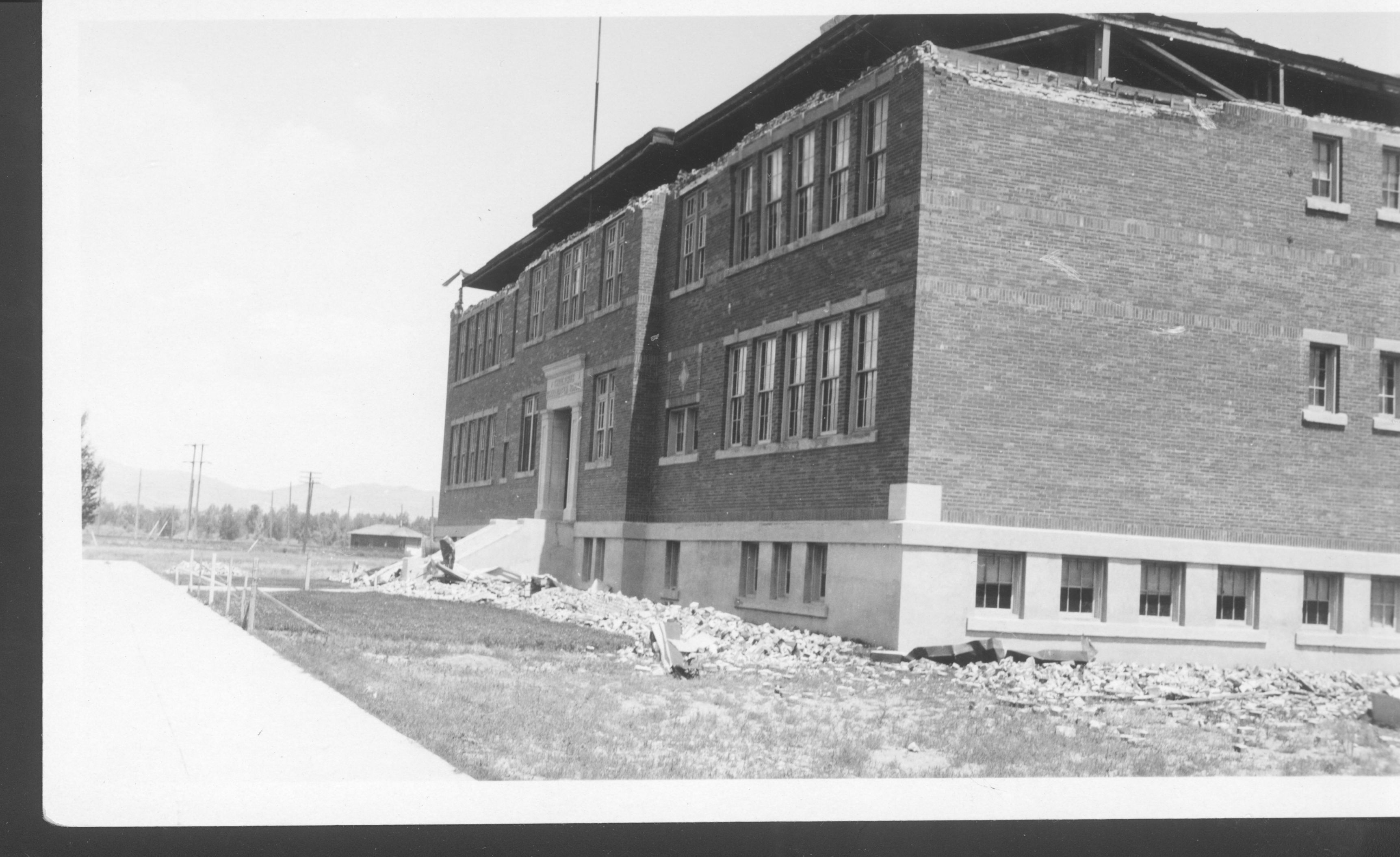 Three Forks Consolidated School After 1925 Earthquake (front/corner view)