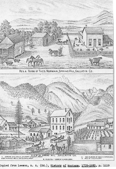 Illustrations of Spring Hill community in Montana history book